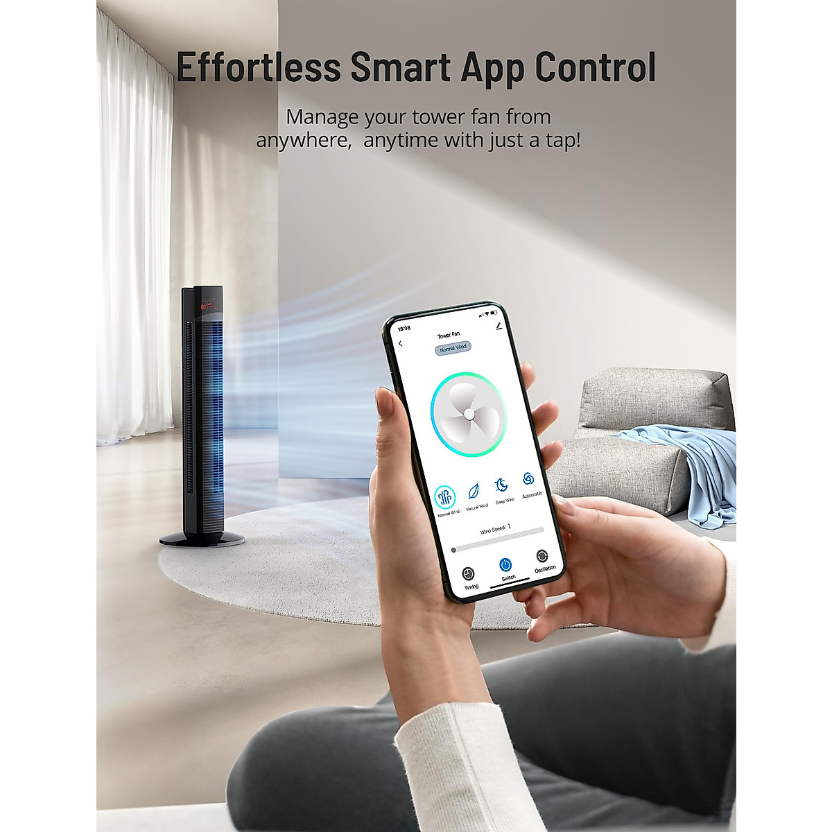 Mirdred Tower Fan with Remote, 36” Bladeless Fan, 70° Oscillating Fan for Bedroom, 3 Speeds, 3 Modes, 12H Timer, LED Display, Quiet Cooling Standing Floor Fans for Home Living Room Office, Black