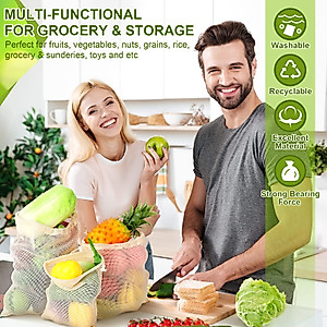 12 Pcs Reusable Produce Bag Various Size Organic Cotton Mesh Produce Double Stitched Bag Washable with Drawstring for Refrigerator Lightweight Vegetable Grocery Fruit Veggie Shopping Onion Storage Bag