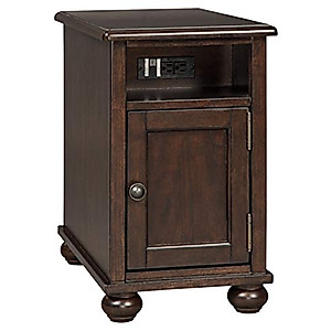 Signature Design by Ashley Barilanni Traditional Chair Side End Table with 1 Storage Cubby, 2 Fixed Shelves, 2 USB Ports & Outlets, Dark Brown