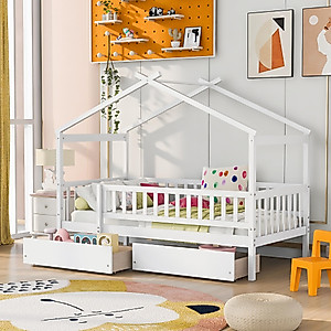 BestLM Twin Size Wooden House Bed with Two Storage Drawers for Kids, Wood Platform Bed Frame with Fence, Roof, and Safety Guardrail for Kids, Teens, Girls, Boys, White