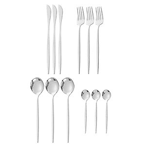410 Stainless Steel 12 Pieces Shiny Restaurant Tableware Cutlery Set Serving Utensils Set (Silver)