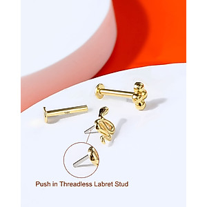 Melighting 14K Gold Helix Earrings Push in Threadless Snake Cartilage Earrings Solid Gold Flat Back Earrings Stud Gold Tragus Piercing Jewelry Labret Jewelry for Women Men