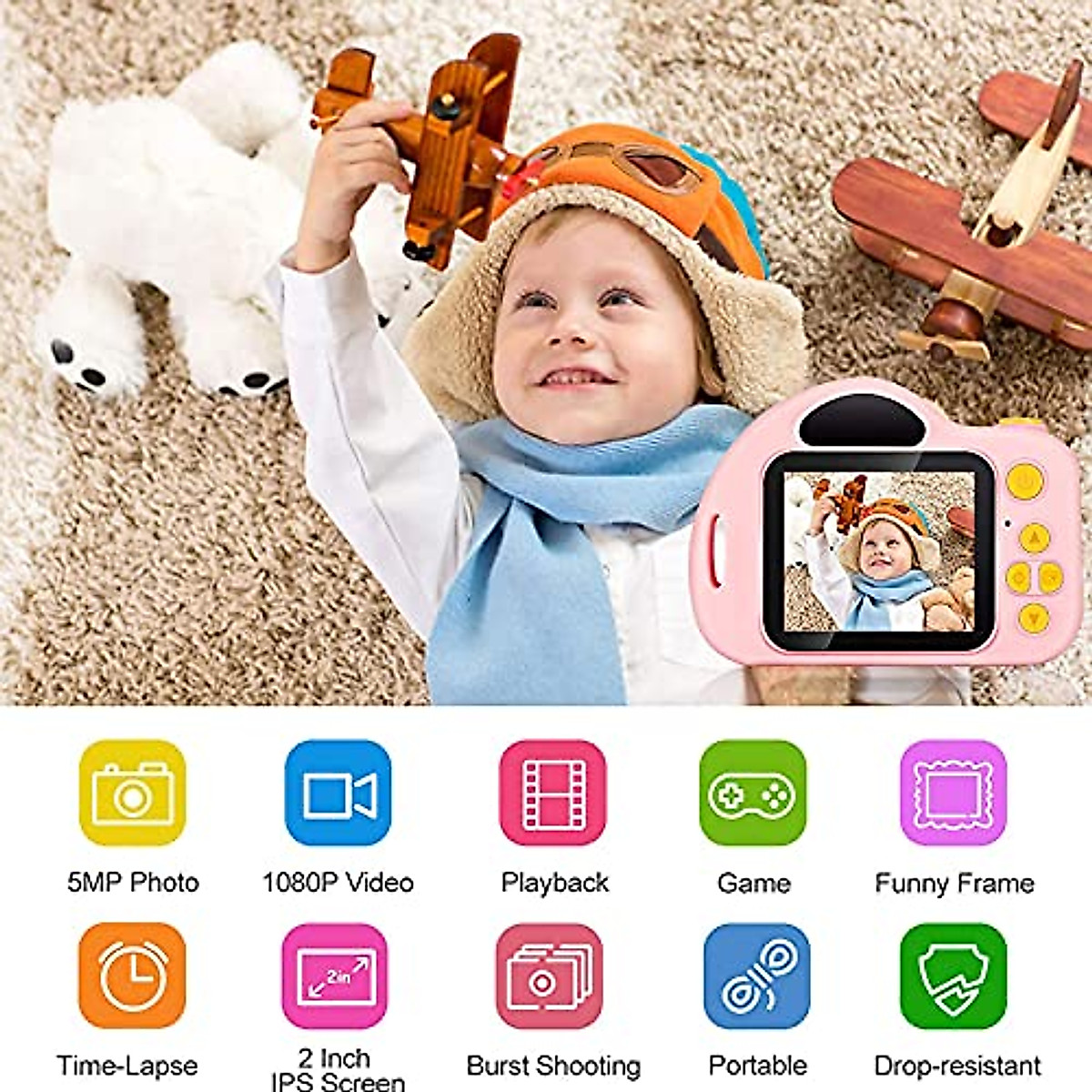 Lanhui Kids Digital Camera Toy - Cute Child Pink Digital Camera 1080 IPS 2 inch HD Mini Camera Toy Selfie Camera for Kids Ideal Birthday, Holiday, Reward Gift for Girls