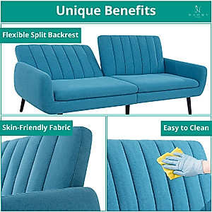 Naomi Home Raven Modern Futon Sofa Bed, Convertible Sofa Futon, Split Back Linen Sleeper Couch for Living Room, Mid Century Modern Couch Bed, Fold Out Couch Bed with Tapered Legs Seafoam Blue