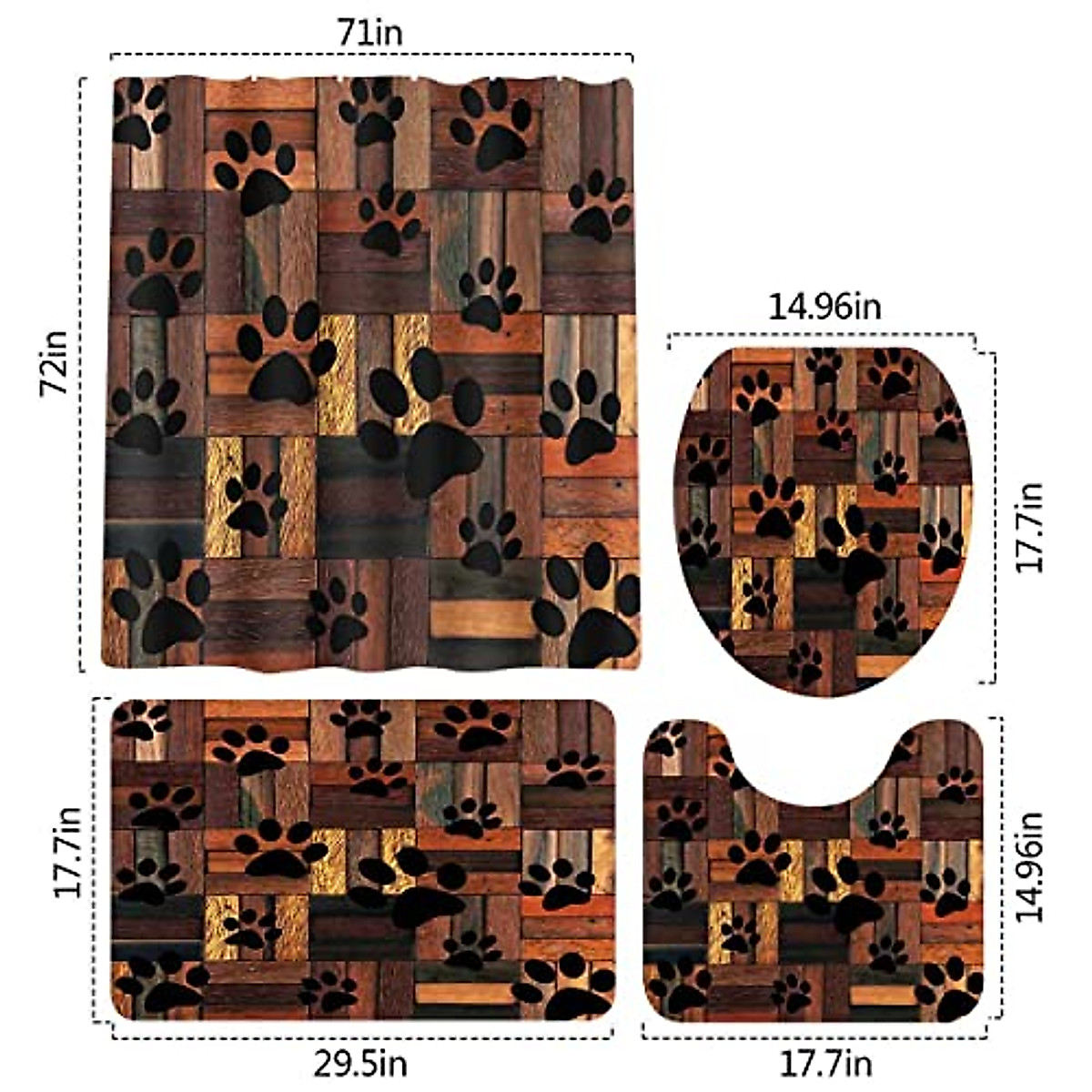 SDDSER Dog Paw Print Shower Curtain Set, 4PCS Rustic Old Barn Wood Bathroom Sets with Shower Curtain and Bath Mat, Toilet Lid Cover and U Shaped Rugs, 71" x 72" Bathtub Curtain with Hooks, SETLSSD93
