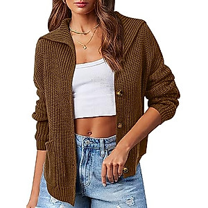 PRETTYGARDEN Women’s Cardigan Button Down Long Sleeve Open Front Short Loose Knit 2024 Fall Sweaters with Pockets Black