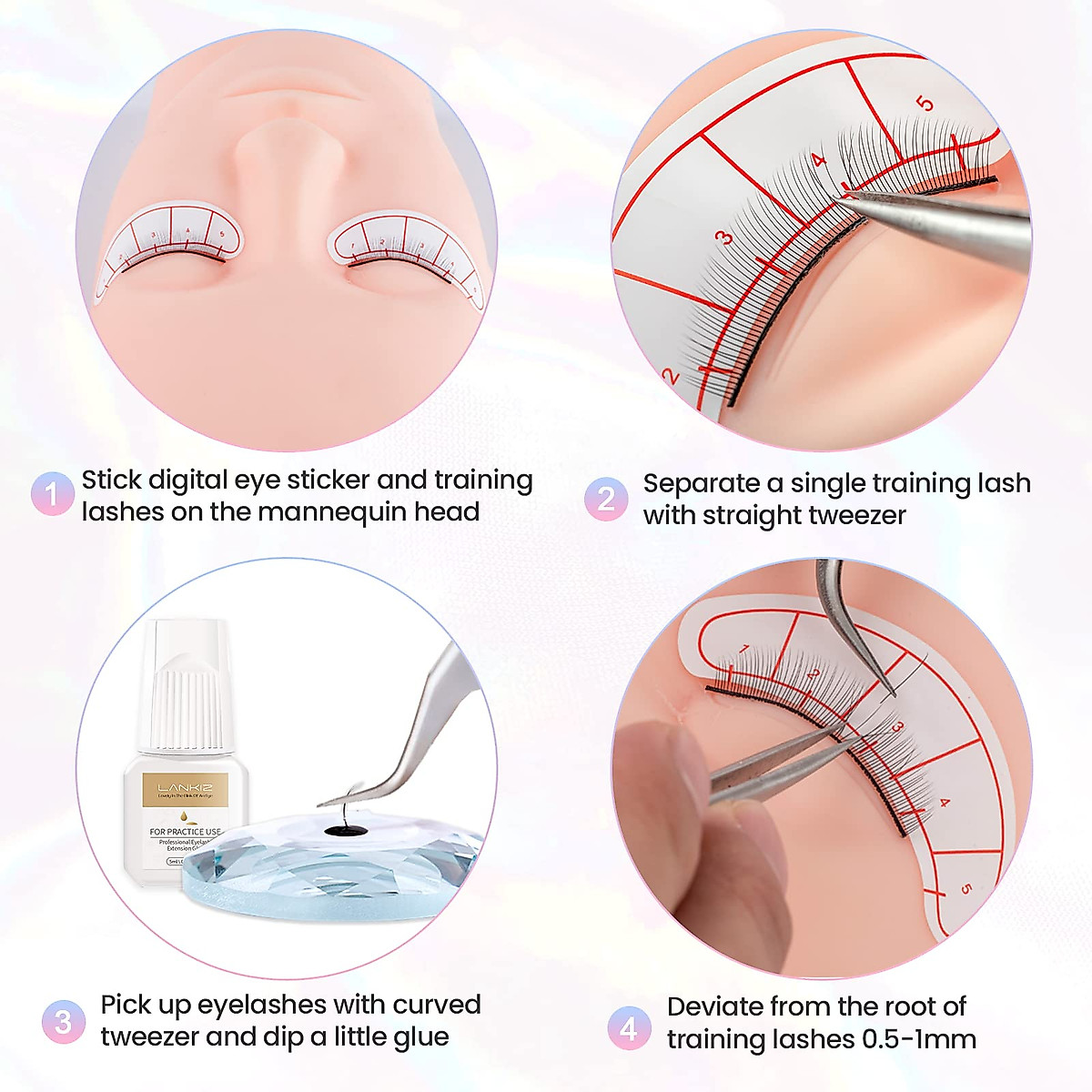 LANKIZ Eyelash Extension Kit, 448pcs Lash Practice Kit, Lash Kit for Eyelash Extensions Beginners, Eyelash Extension Supplies with Lash Mannequin Head for Training Makeup Practice