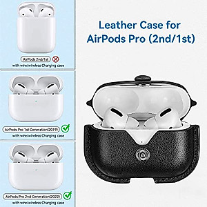 KMMIN Leather AirPods Pro 1 & 2 Case with Secure Snap Keychain,4 in-1 AirPods Pro Accessories Set with AirPods Pro 2019/2022 Protective Case Cover/Storage Bag/Anti-Lost Strap/Clean Brush,Black