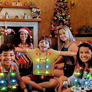 EOBOH 3PCS Light up Christmas Necklace, Christmas Bulb Necklace Light Party Favors, Xmas Red Yellow Blue Green Glow Necklace, 3 Modes Light Necklace Accessories for Ugly Sweater New Year Bulk