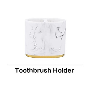 5-Piece Bathroom Counter Top Accessory Set - Dispenser for Liquid Soap or Lotion, Soap Dish, Toothbrush Holder and 2 Tumblers, Gold Base, Marble Pattern Resin (White)