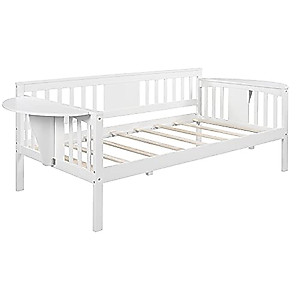 EPESTOEC Twin Size Daybed with Foldable Shelves on Both Sides,Wooden Sofa Bed for Bedroom Living Room/Apartment/Guest Room/Bedroom, White