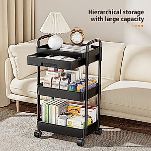 3-Tier Rolling Cart wiht Drawer, Multifunctional Utility Cart Craft Art Cart Trolley Organizer with Plastic Shelf & Metal Wheels, Storage Cart for Kitchen,Bathroom,Living Room,Office,Black