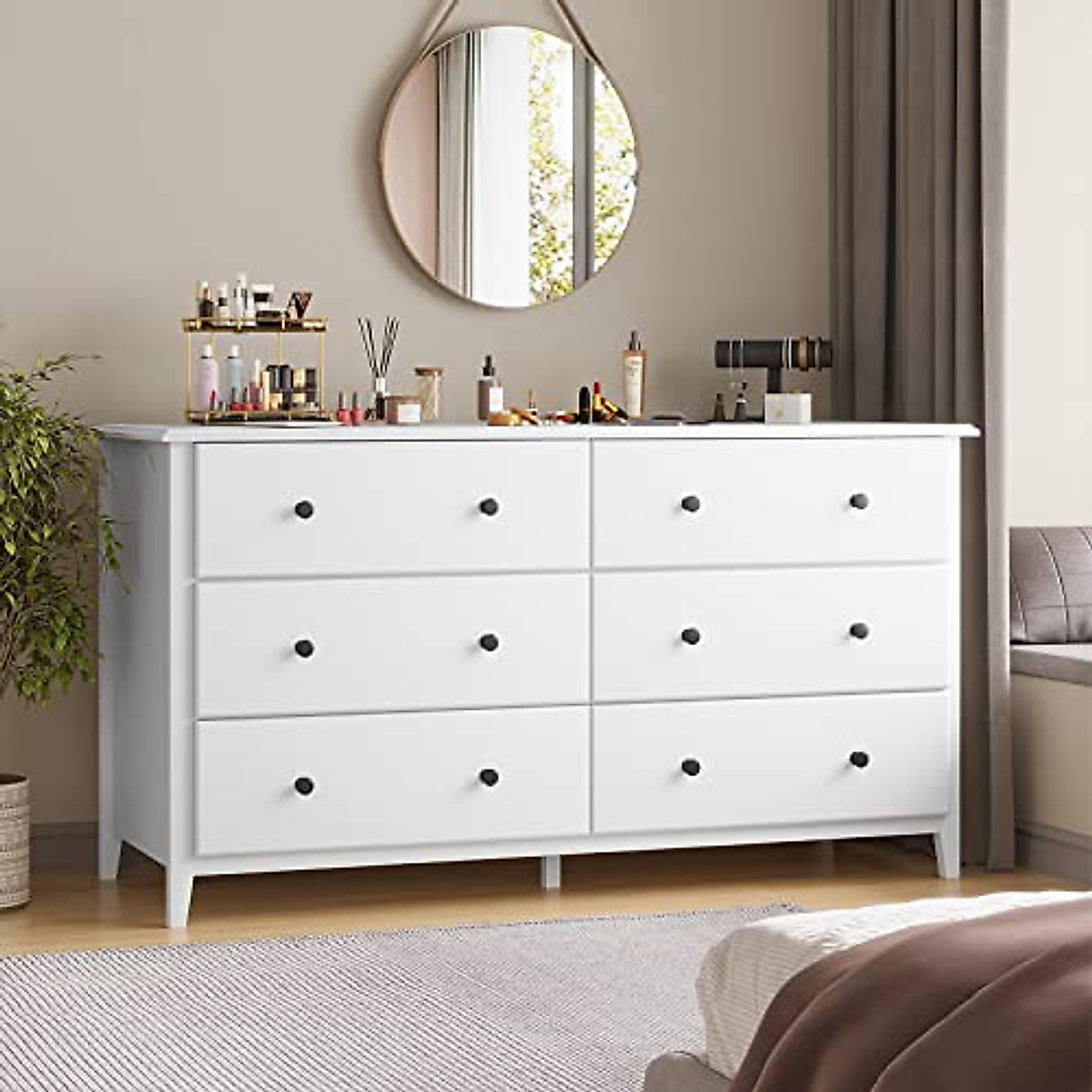 Hasuit 6 Drawer Double Dresser, 51.5''W Wood Dresser Chest with Wide Storage Space, Storage Tower Clothes Organizer, Large Storage Cabinet for Bedroom, Living Room, Hallway (Modern White)
