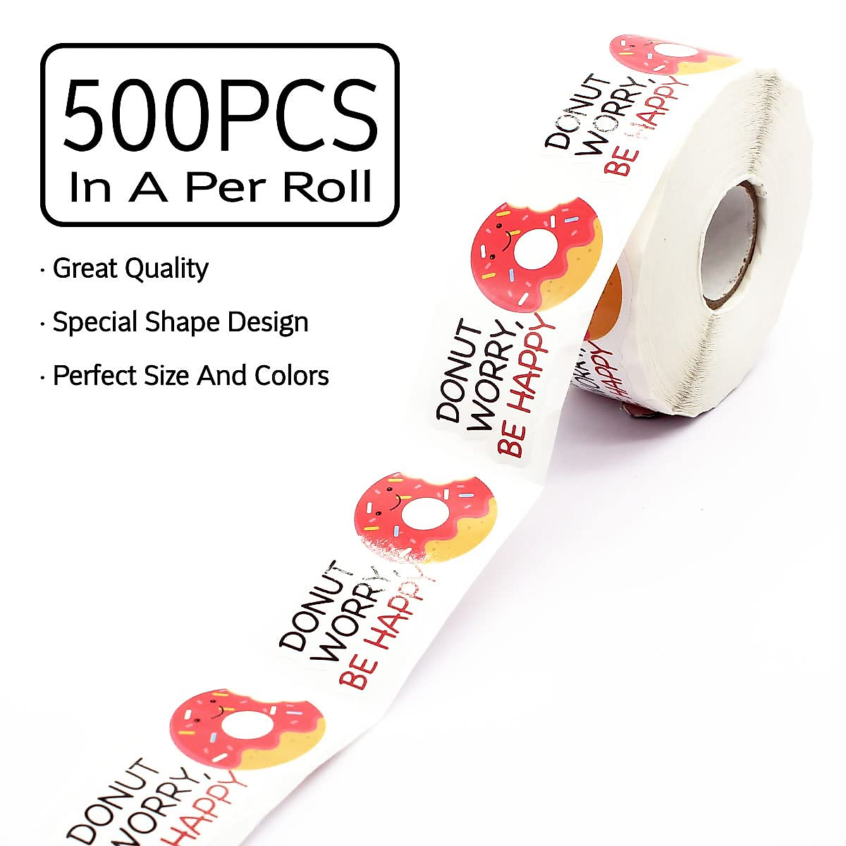 Donut Worry Be Happy Stickers,Thank You Stickers,Handmade Stickers,Small Shop Stickers,Envelopes Stickers for Small Business, Online Retailers,Handmade Goods,500 Labels Per Roll