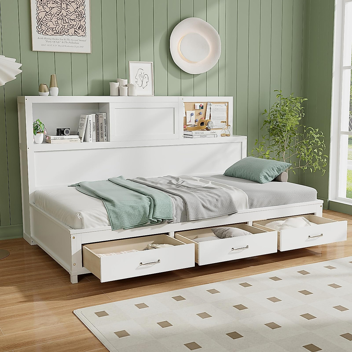 Giantex Twin Daybed with 3 Storage Drawers, Wood Day Bed with Storage Shelves, Cork Board & Sliding Door, Daybed Frame for Kids Adults Guests, No Box Spring Needed, Daybed with Storage, White