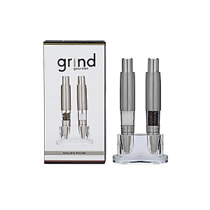 Executive Pen Salt and Pepper Grinder Set, Grind Gourmet Refillable Modern Thumb Button Grinders Use With Peppercorns, Sea and Himalayan Salts, Comes with Stand