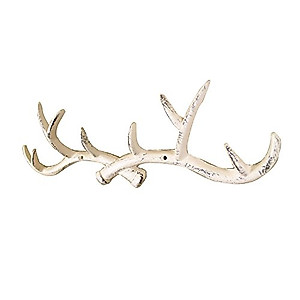 Whitewashed Cast Iron Antler Wall Hooks 15" - Decorative Wall Hook - Deer Decor