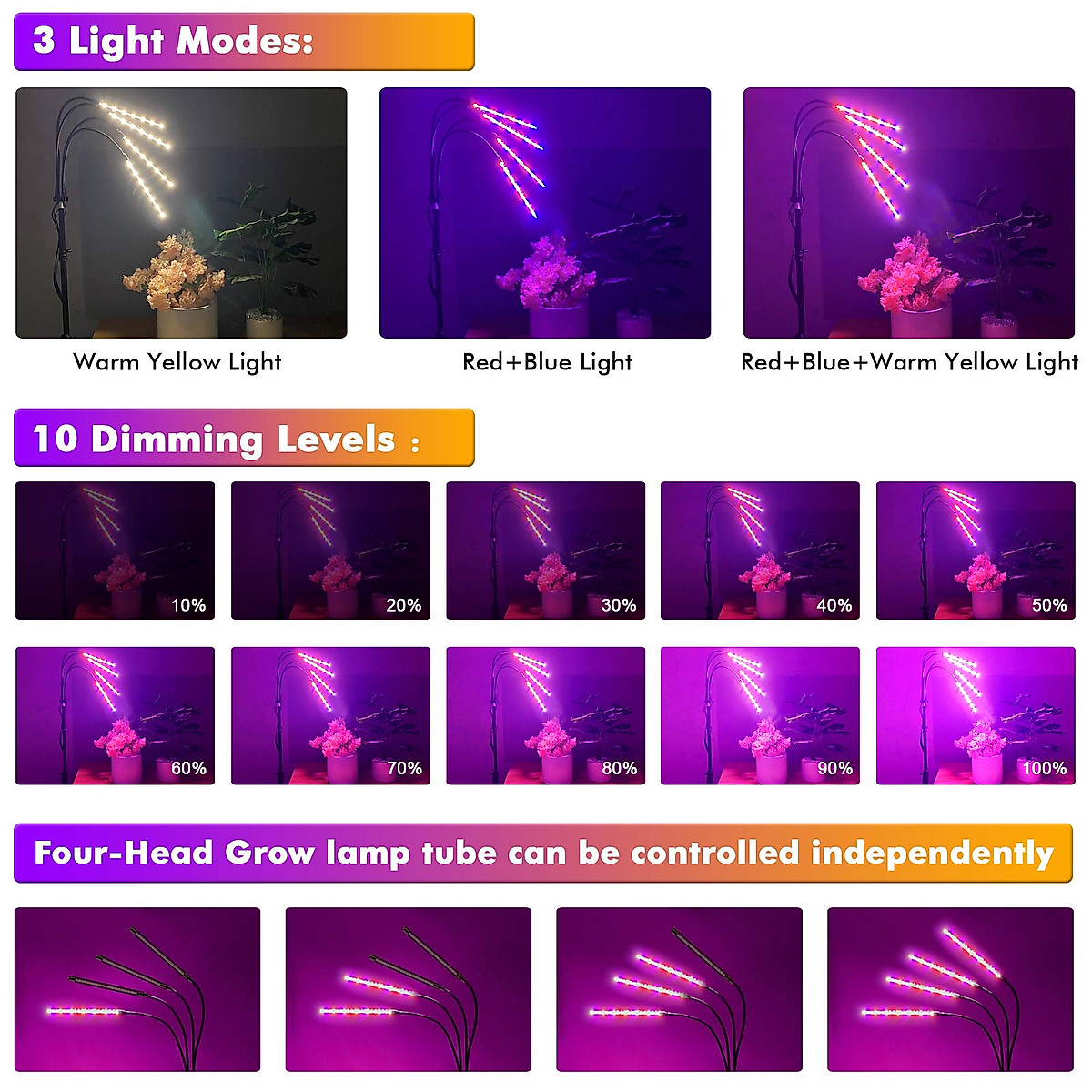 Felibeaco Plant Grow Light with Adjustable Tripod Stand (14"-63"), 4 Head Floor LED Grow Lamp for Indoor Plants with Dual Controllers,100W Full Spectrum Plant Lights with Timer, 10 Brightness