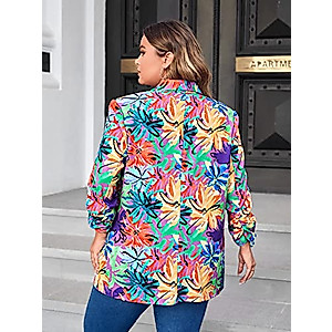 WDIRARA Women's Plus Size Floral Print Blazer Button Open Front Long Sleeve Jacket Multicolor 1XL
