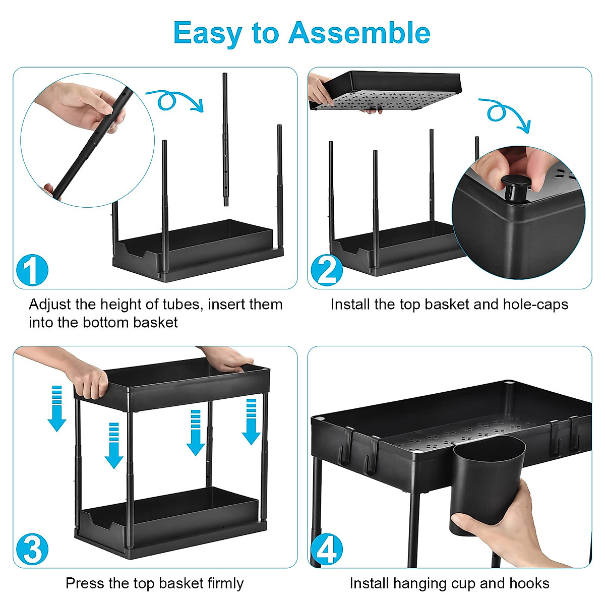Height-adjustable Under Sink Organizers and Storage, 2-Tier Under the Sink Organizer with Sliding Drawer, Hooks, and Hanging Cup, Premium Bathroom Organizer Under Sink