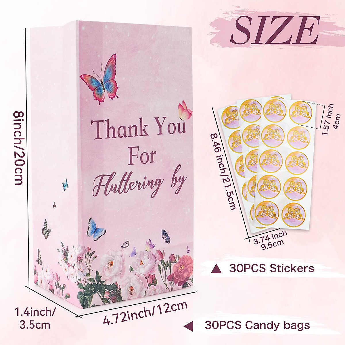 HEJIN Butterfly Candy Bags 30 PCS Gift bags with Stickers Pink and Purple - Thank you Party Favor Goodie Bags - Medium Butterflies Candy Treat Bags for Girls Kids Birthday Party, Baby Shower, Easter