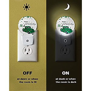 St.Patrick Day Shamrock Truck Night Lights Plug into Wall, Cute Gnomes Green Auto Round LED Lights with Dusk to Dawn Sensor for Bedroom, Bathroom, Hallway, Kitchen, Kids, Home Decor