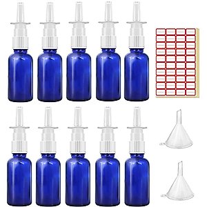 MDJINRUIXI Nasal Spray Bottle, 10 Pcs 30ML/1oz Plastic Blue Refillable Fine Mist Sprayers Atomizers, Small Empty Nasal Sprayer with Funnels and Labels