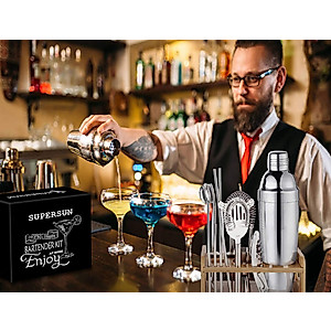 Cocktail Shaker Set with Stand, 15 Piece Bartender Kit Home Bar Accessories - Martini Shaker with Built-in Strainer, Muddler, Jigger, Drink Shaker 304 Stainless Steel, House Warming Gitfs New Home