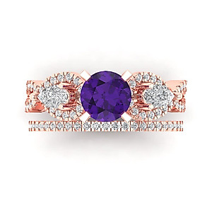 Clara Pucci 1.94 carat Round Shape Solitaire 3 stone Natural Amethyst Engagement Wedding Anniversary Bridal Ring band set 14k Rose Gold 7