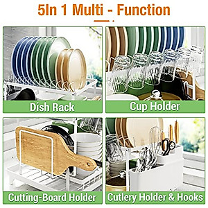kenvc Dish Drying Rack,Large Dish Drying Rack，Dish Drainers for Kitchen Counter,Board Holder, 6 Cup Holder，Removable Large Capacity Dish Drainer, Rust-Proof Dish Drainer, White