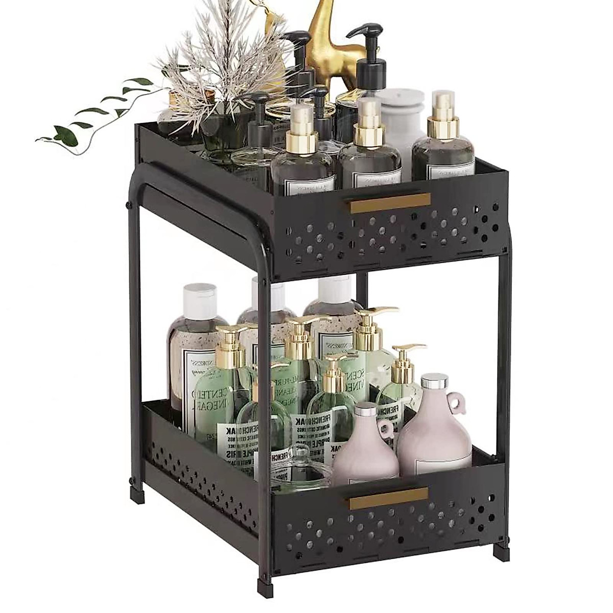 GILLAS 2 Tier Under Sink Organizer and Storage, Farmhouse Under Counter Storage for Kitchen, Under Cabinet Organizer for Bathroom, Sliding Basket Organizer, Black