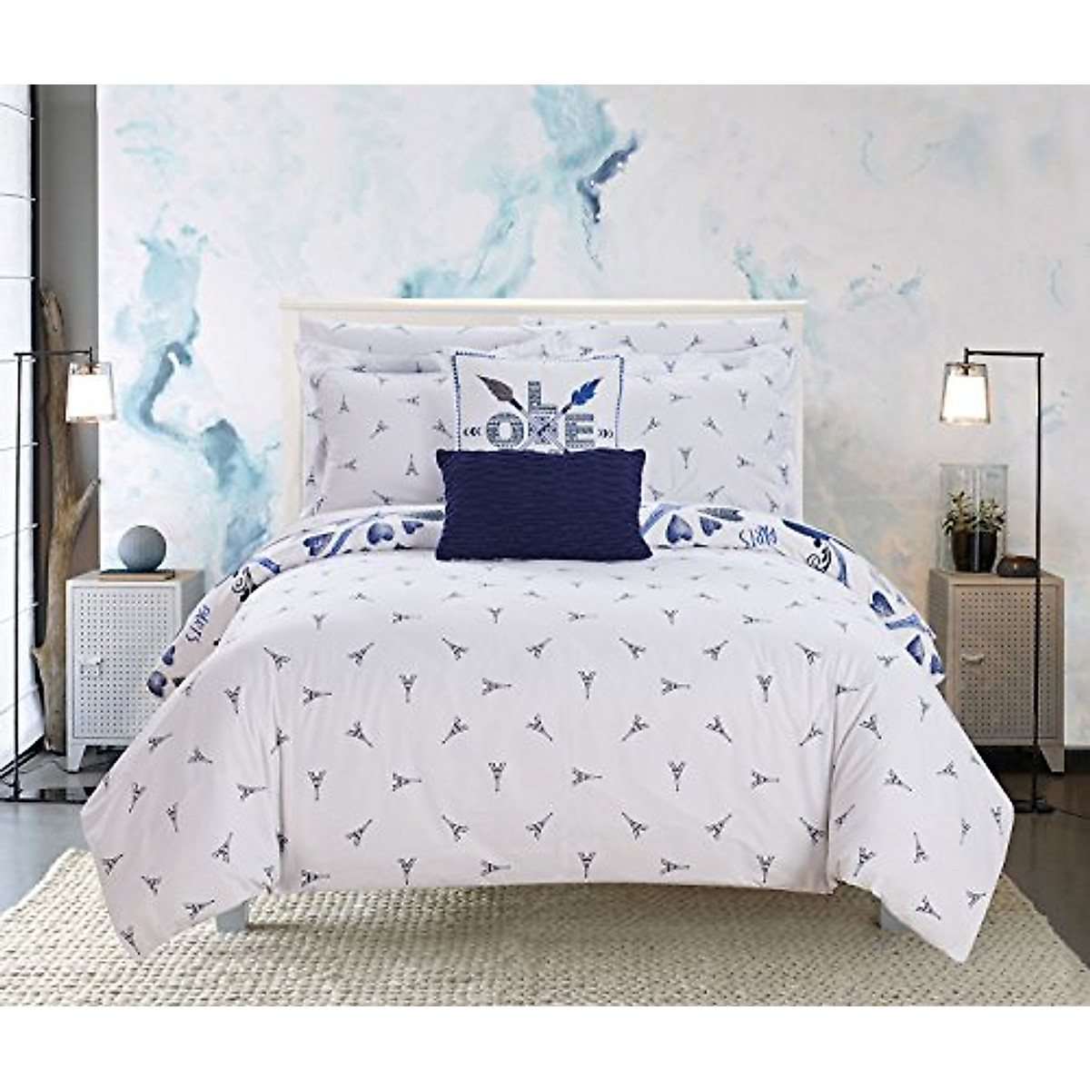 Chic Home Le Marias 9 Piece Reversible Comforter Paris is Love Inspired Printed Design Bed in a Bag-Sheet Set Decorative Pillows Shams Included Size, Queen, Navy