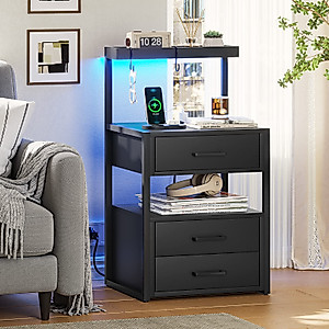 Nightstand with Charging Station and LED Lights, LED Night Stand with 2 USB Ports and 2 AC Outlets, Modern End Table with 3 Drawers, Bedside Table with Open Storage for Bedroom, Black
