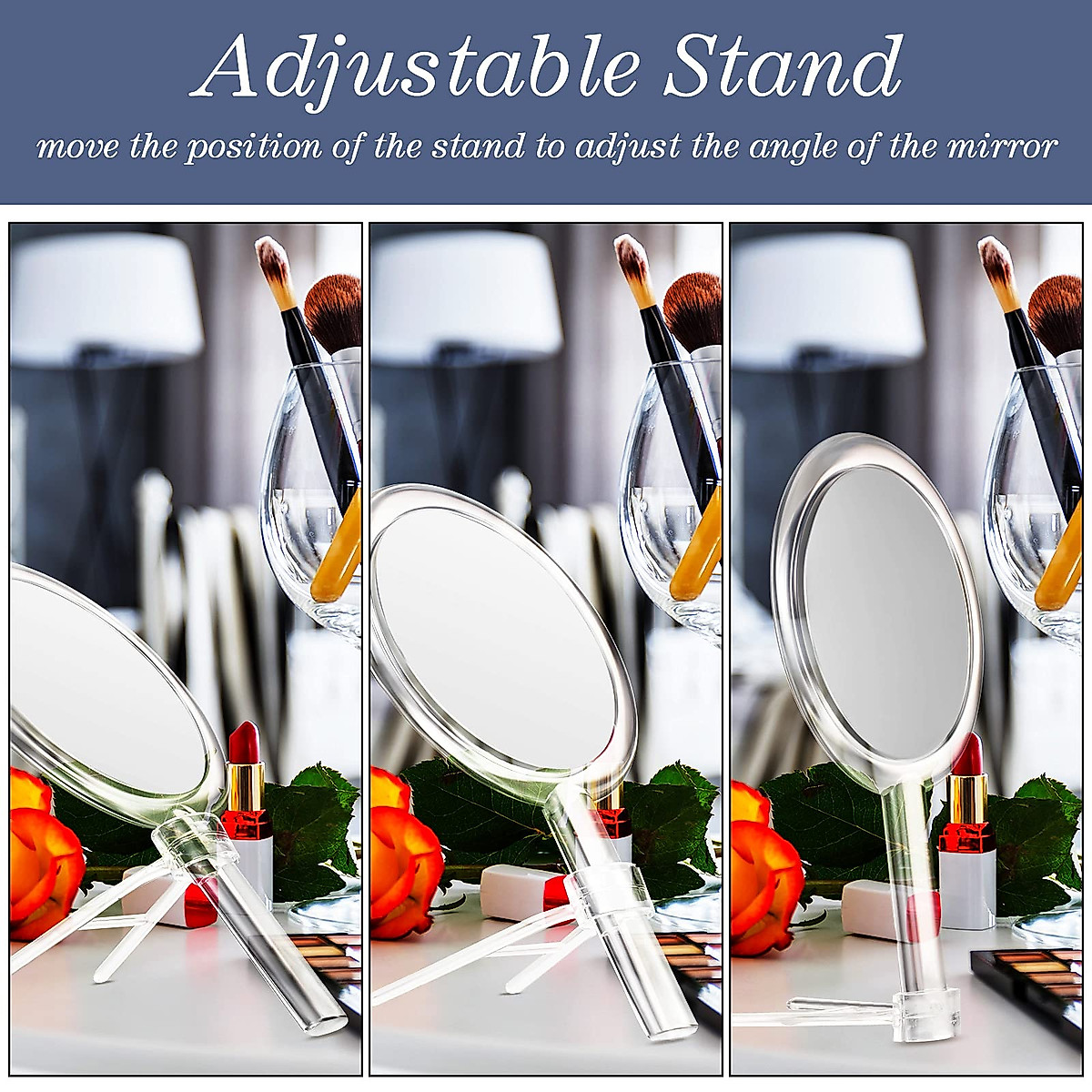 Queekay Double-Sided Handheld Mirror with Stand, 1X/10X Magnifying Mirror, Clear Adjustable, Round Shape, 25.8 x 15 cm