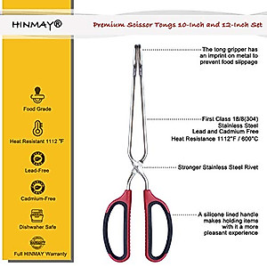 HINMAY Stainless Steel Scissor Tongs 10-Inch and 12-Inch Set, Set of 2