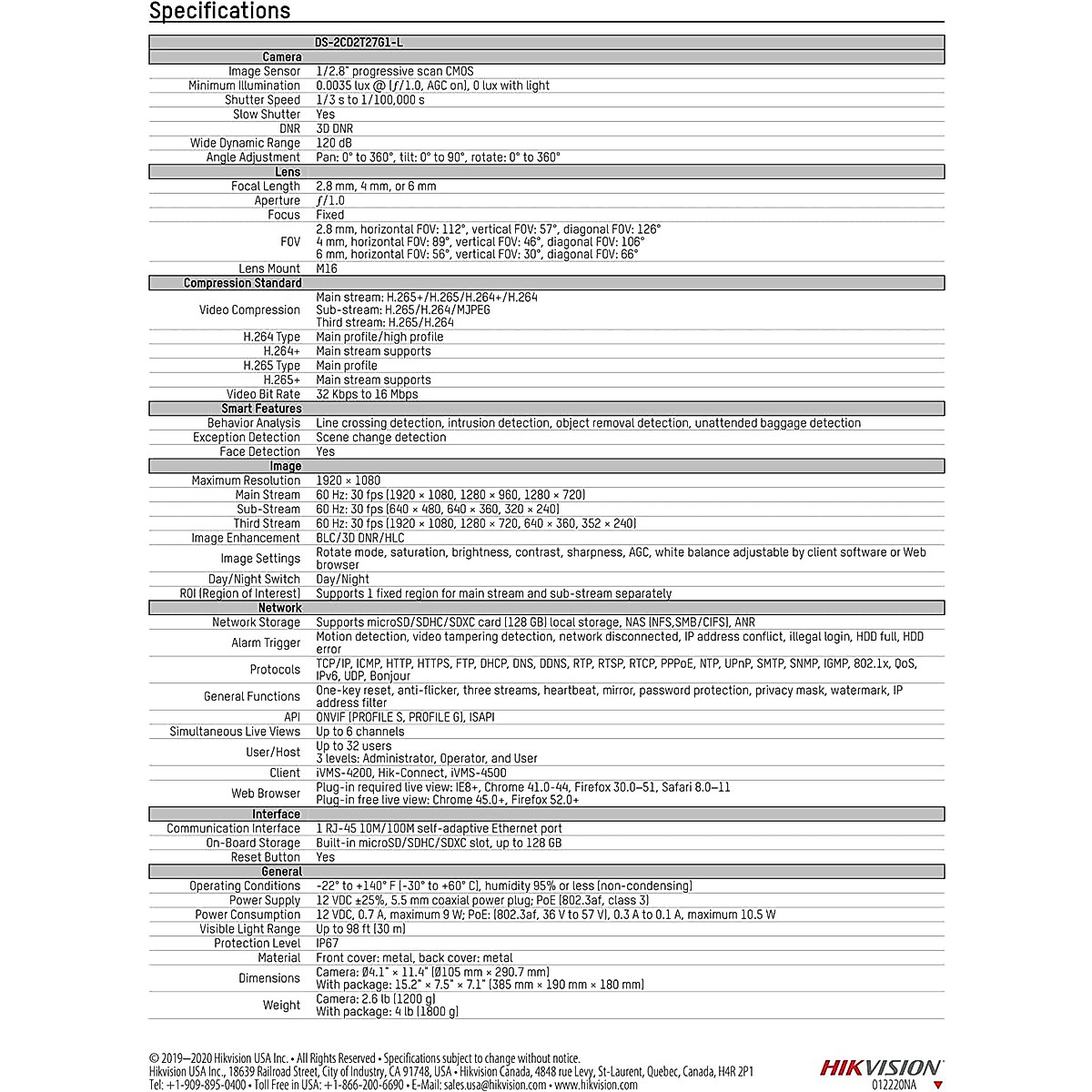 DS-2CD2T27G1-L 2MP Full Color IP 247 Color Night Vision 4mm PoE Large Bullet H.265 IP67 Outdoor English Version Compatible with Hikvision NVR DS-7608NI-Q2/8P DS-7616NI-Q2/16P