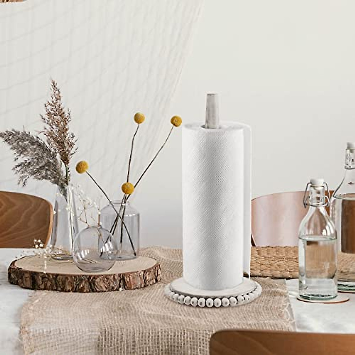 Farmhouse Paper Towel Holder Washed Beaded Paper Towel Stand Wood Paper Hanger Rack Standing Towel Roll Stand Organizer Paper Roll Holder Roll Dispenser for Kitchen Bathroom Countertop Cabinet, White