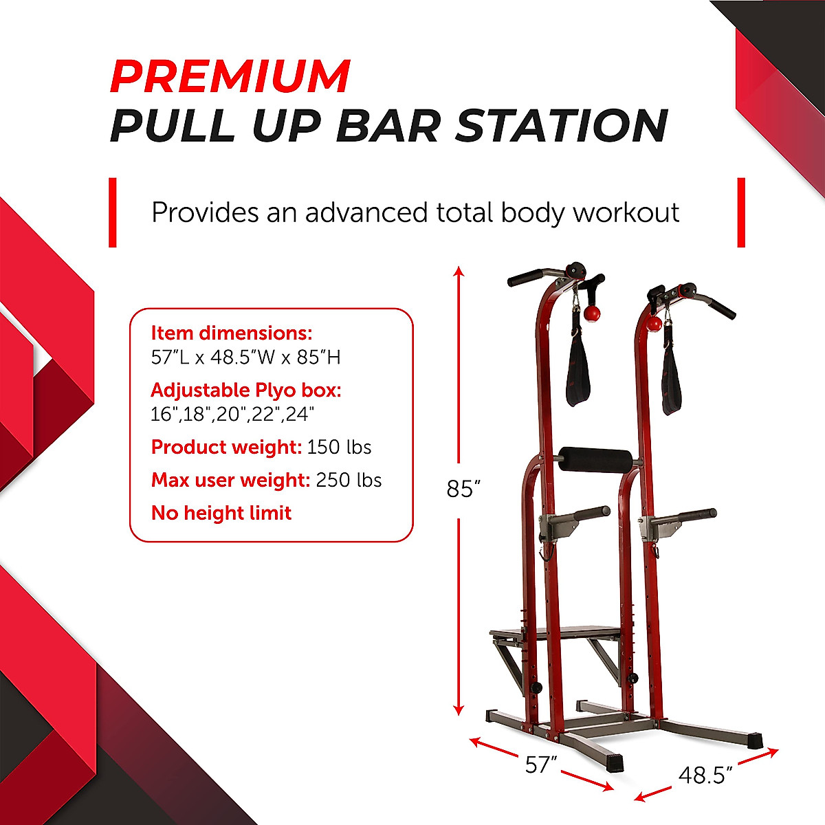 Stamina X Fortress Power Tower with Plyo Box - Dip Bar Pull Up Bar Station with Smart Workout App - Dip Bars for Home Workout - Up to 250 lbs Weight Capacity - Red