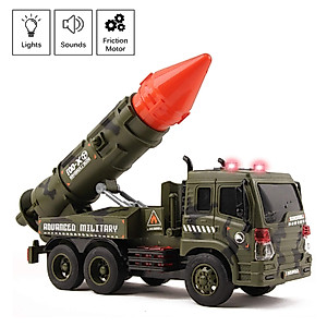 Vokodo Military Launcher Truck Friction Powered Fighter with Lights Sounds and Pull Back Missile Kids Push and Go Army Carrier Vehicle Pretend Play Armored Toy Car Great Gift for Children Boys Girls