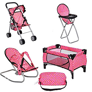 fash n kolor 4 Piece Doll Play Set, includes - 1 Pack N Play. 2 Doll Stroller 3.Doll High Chair. 4.Infant Seat, Fits Up to 18'' Doll (4 Piece Set)