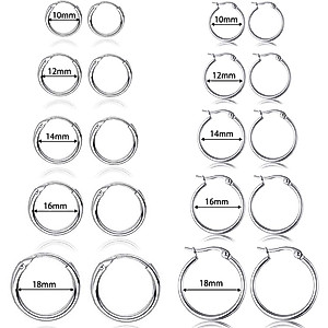 10 Pairs Silver Hoop Earrings for Women Small Stainless Steel Hypoallergenic Earrings Set Mens Unisex Nickel Free 10MM-18MM