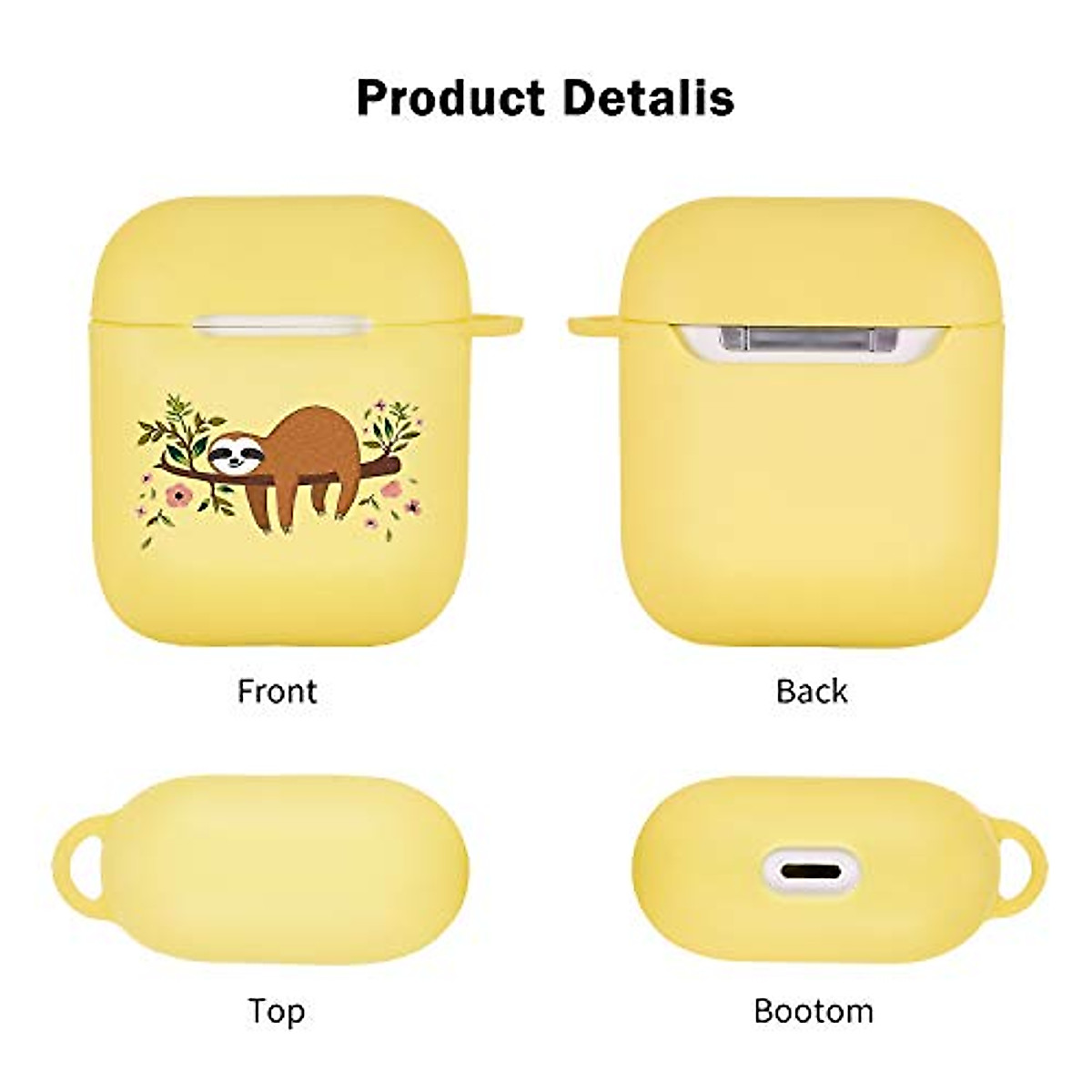 JOYLAND Yellow Case Cover for AirPod 1&2 w/Keychain Ring Carabiner Clip,Lovely Sloth Case Wireless Earphone Case Smooth Anti-dust Silicone Protective Cover Soft Skin Cute Case fr AirPods 1 & 2
