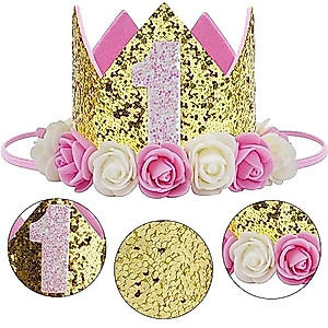 Haomaomao Baby Birthday Crown, Girls Party Hat Princess Gold Flower Tiara Photo Props Decorations Birthday Gifts (1st Birthday Crown)