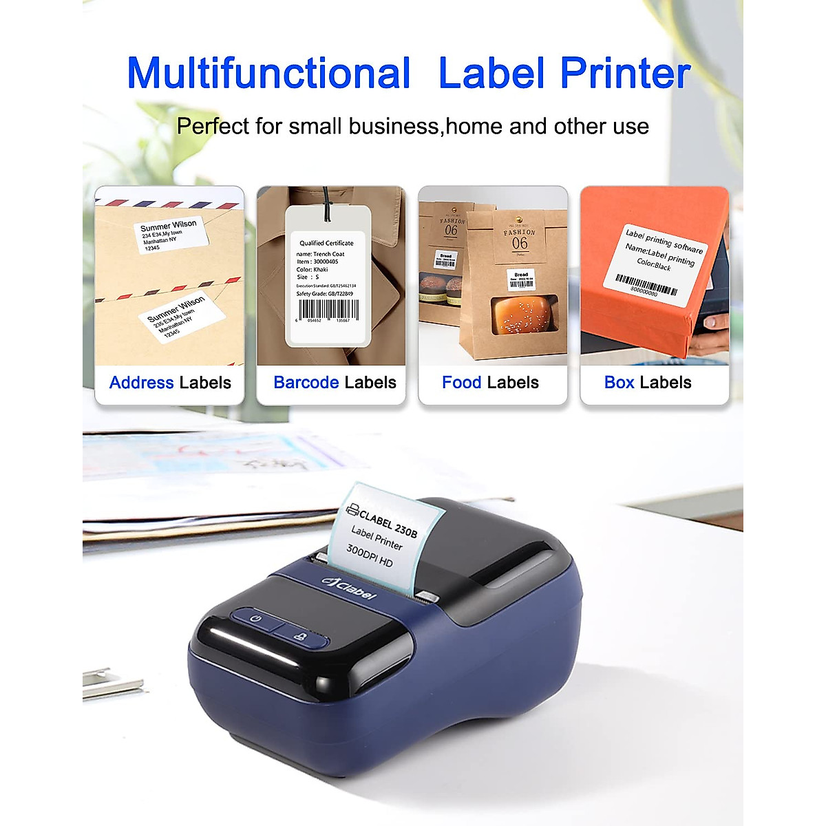 CLABEL Label Maker 300DPI, 230B Portable Barcode Label Printer for Address, Clothing, Retail, Jewelry, QR, Code, Small Business, Compatible with Android & iOS System Use for Home & Office, Black