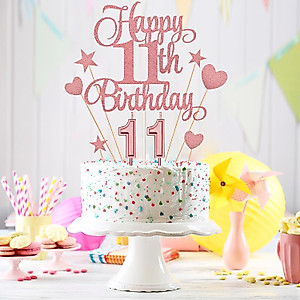 11th Birthday Cake Decorations Set Include 11th Birthday Candles Numeral 11 Cake Candles and Happy 11th Birthday Cake Toppers with Heart Star Cupcake Picks for Birthday Party (Rose Gold Series)