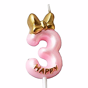 QQYL Gold 3 Candle Birthday Girl,Pink Third 3th Birthday Candle Girl for Cake Topper, Number 3 Cake Topper Gold, 3th Birthday Party Decoration for Three 3 Year Old Party Cake Candle (Style7, Number 3)