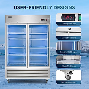 Wilprep Commercial Refrigerator, 54" 2 Glass Door Display Refrigerator with 42.2 cu. ft. Capacity, Reach in Merchandise Fridge Stainless Steel Beverage Cooler with Adjustable Shelves for Restaurant