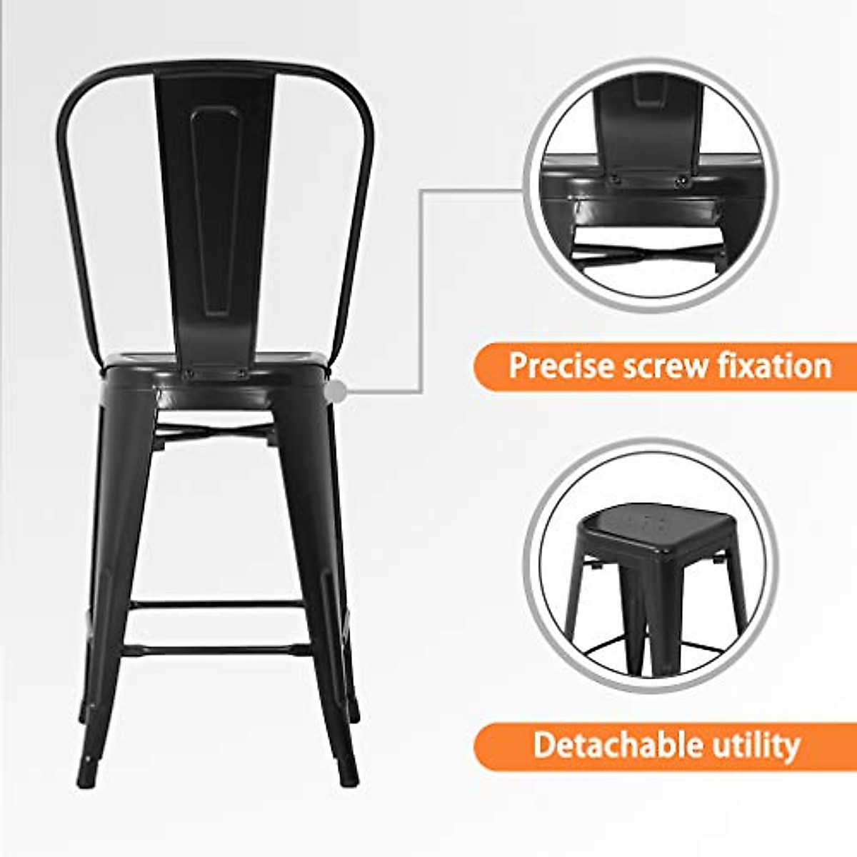 Metal Bar Stool Set of 4 Counter Height Barstool with Back 24 Inches Seat Height Industrial Bar Chairs Patio Stool Stackable Modern Kitchen Stool Indoor Outdoor Metal Bar Stool Kitchen Stools (Black)