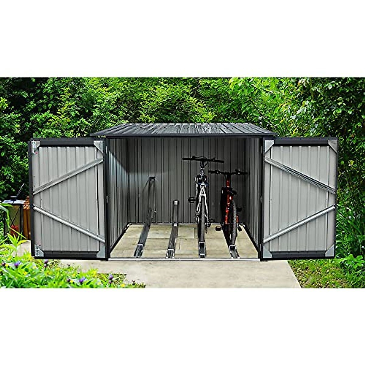 Hanover Galvanized Steel Bicycle Storage Shed with Slope Roof and Twist Lock and Key in Dark Gray, Stores up to 4 Bikes