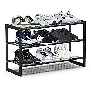 Bamboo Shoe Rack for Closet, 3-Tier Dampproof Shoe Organizer Free Standing Shoe Racks for Entryway and Closet Hallway Black Waterproof Shoe Storage Organizer for Indoor Outdoor (Black, 3-Tiers)